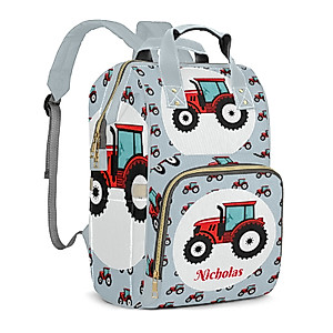 XIUCOO Personalized Red Farm Tractor Diaper Bag Backpack with Name Mommy Nursing Baby Bags Travel Nappy Bag Gift