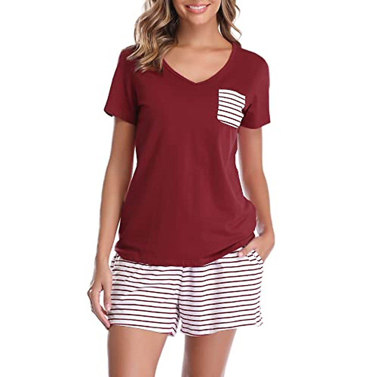 Vlazom Womens Pajama Set Cotton Short Pj Set Summer Stripe Lounge Set for Sleeping Yoga Gym Running Dark Red