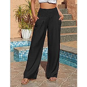 MUSIDORA Linen Pants Women Plus Size Boho Smocked High Waist Flowy Wide Leg with Pockets Stretchy Boho Beach Travel Trousers Petite (Black XL)