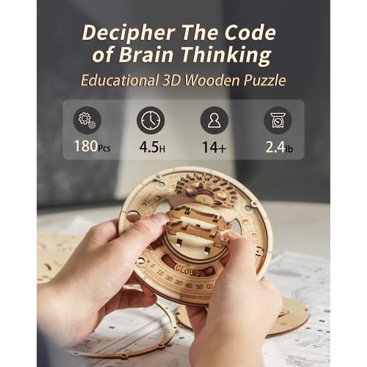 ROKR 3D Wooden Puzzles for Adults-LED Illuminated Wooden Globe Puzzle-Model Building Kits-Room Decor for Teen Girls Boys Women Men