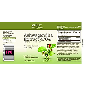 GNC Herbal Plus Ashwagandha Extract 470mg, 100 Capsules, Promotes General Well-Being