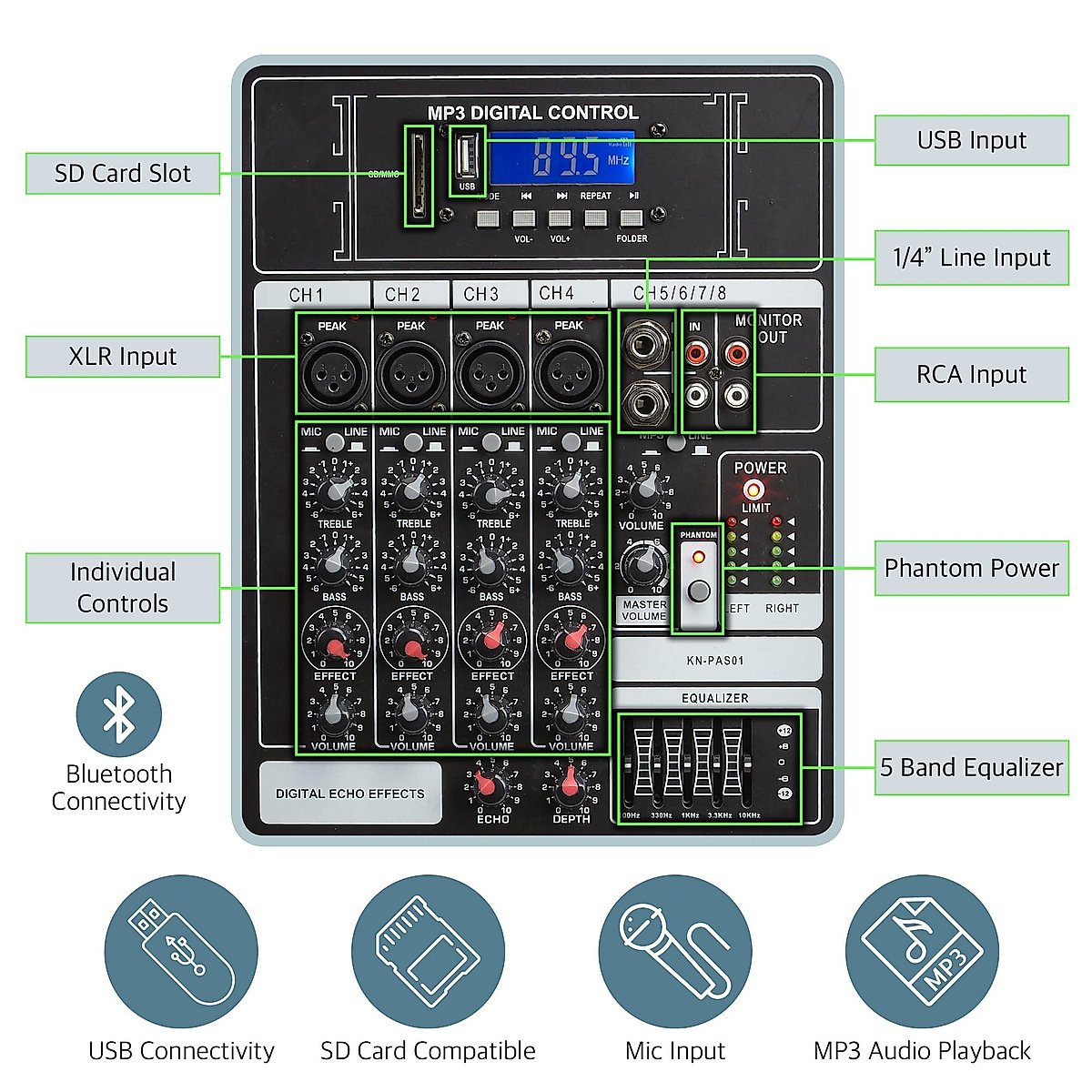 Knox Gear Dual Speaker and Mixer Set–Portable 8” 300 Watt DJ PA System with Wired Microphone & Tripod Stands, Amplifier, Bluetooth, USB, SD, 1/4” Line RCA, XLR Inputs, Ideal for a party or event