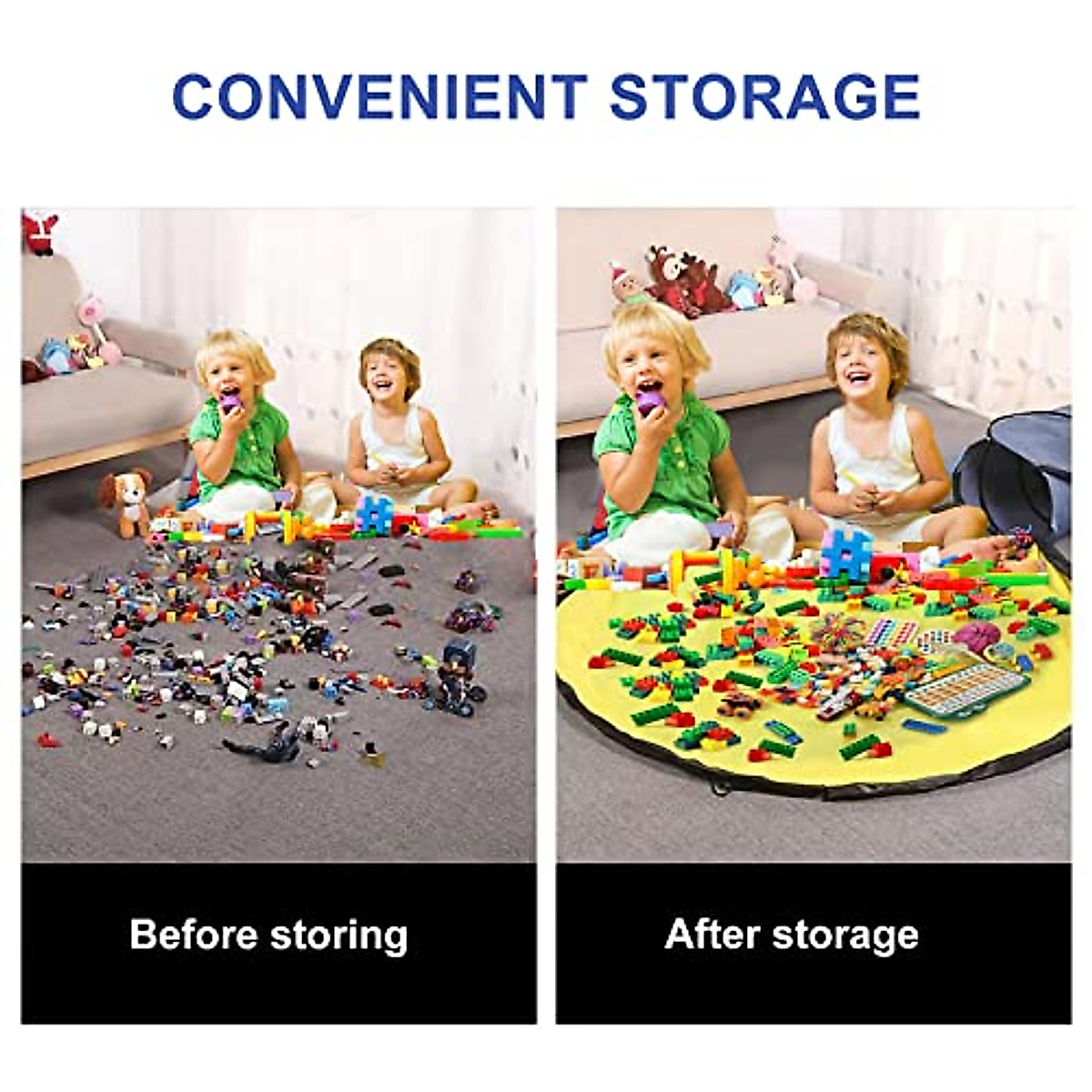 Toy Storage Baskets and Play Mats, Large Toy Organizer, Toy Storage Bags, Washable Drawstring Play Mat, Foldable Canvas Basket Suitable for Toy Bricks (Blue)