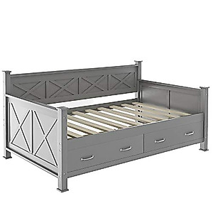 Oudiec Twin Daybed with Storage Drawers,Solid Pinewood Bedframe with Guardrail for Boys/Girls/Teens/Kids Bedroom,No Box Spring Needed,Gray