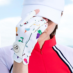 FINGER TEN Golf Gloves Women Left Right Hand Leather with Ball Marker Value Pack, Colored Glove for Ladies Right Left Handed Golfer All Weather Grip (Half-Golf Party, Large, Left)