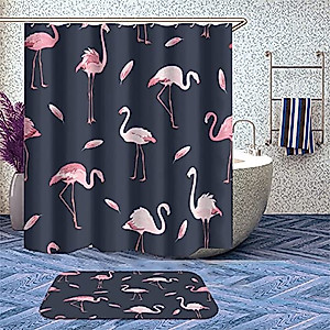 Zmcongz Flamingo 4 Pcs Shower Curtain Set Seamless Pattern Flamingo Feather Bathroom Decor Bath Curtain with Rugs Toilet Lid Cover Bath Mat, 72x72 Inch