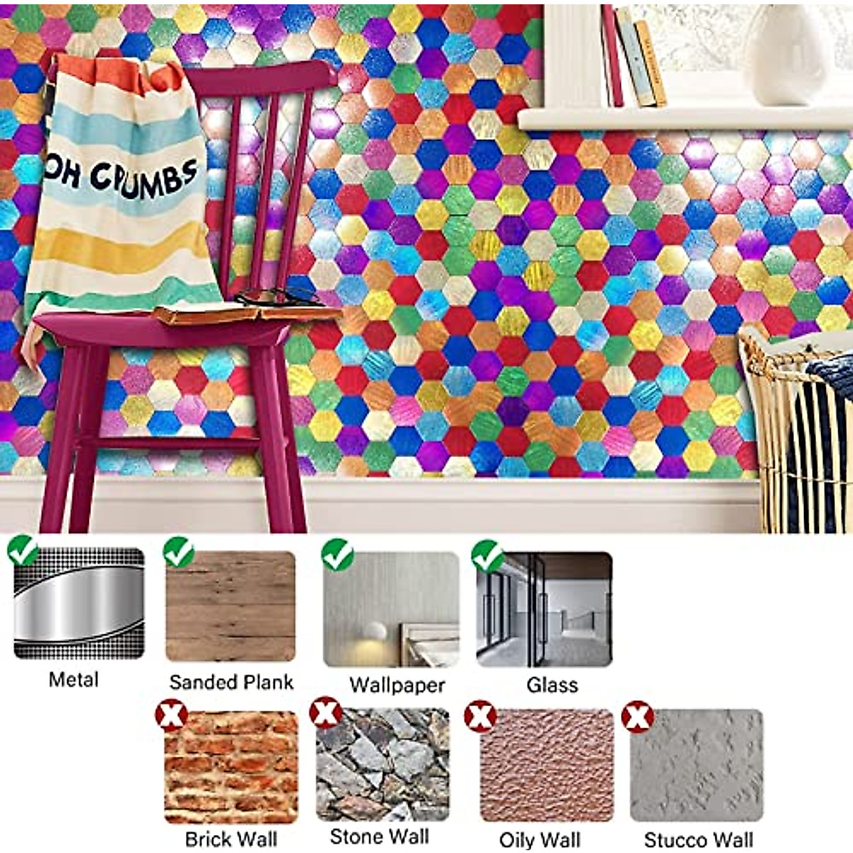 XUANINY Peel and Stick Backsplash Tiles, Rainbow Hexagon Aluminum Surface Metal Mosaic Sticker, Rainbow-Colored Wall Sticker for Living Room, RV，Bar (11.45"x11.02") (11, Hexagon Rainbow Colored)