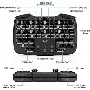 (Backlit Version)Rii RK707 3 in 1 Multifunctional 2.4GHz Wireless Portable Game Controller 62-Key Rechargeable Keyboard Mouse Combo Turbo Vibration Function for PC/Raspberry pi2/Android TV Google/TV B