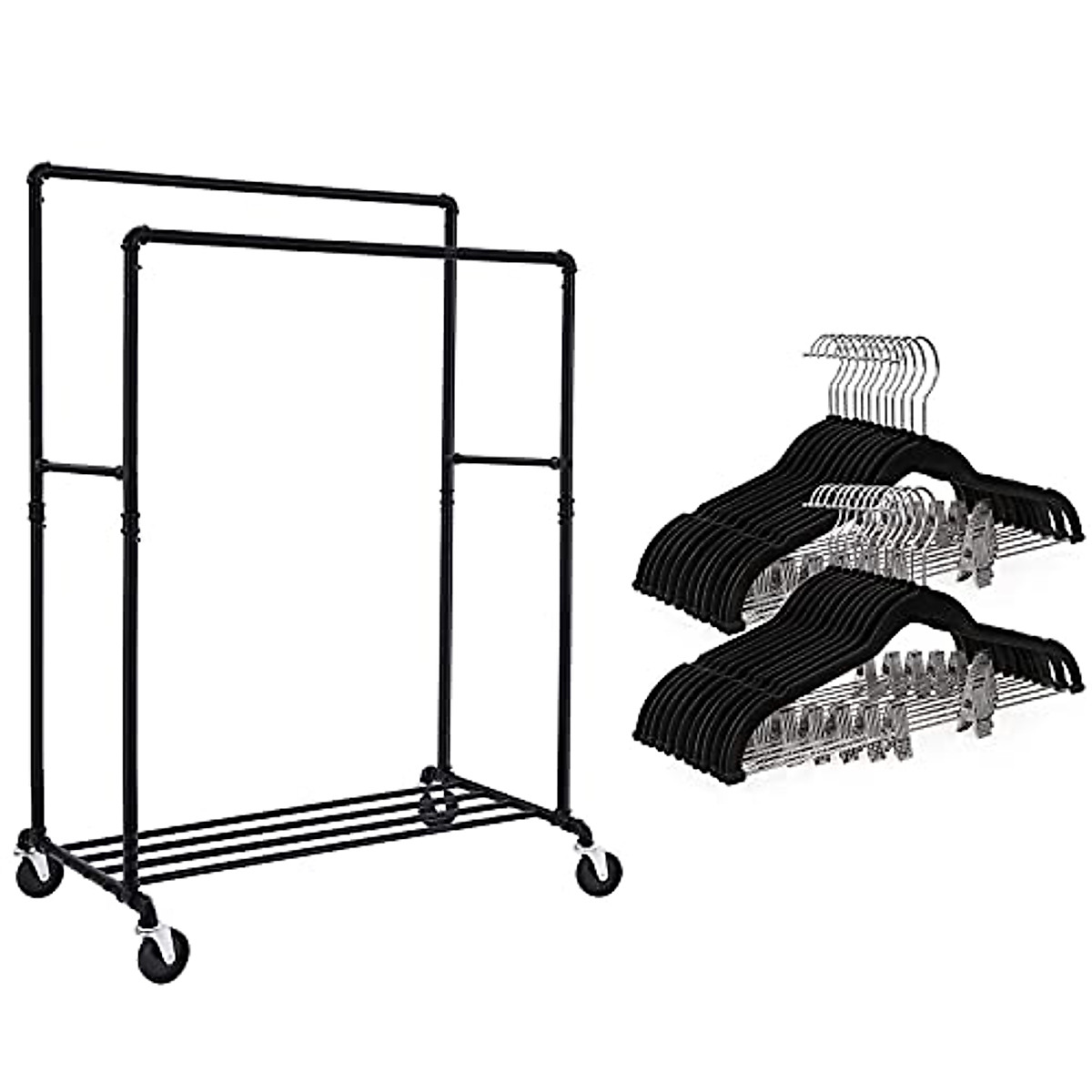 SONGMICS Industrial-Style Pipe Clothes Rack Bundle with 30 Clothes Hangers, Rolling Garment Rack with Bottom Storage Shelf, Velvet Hangers with Adjustable Clips, Black UHSR60B and UCRF12B30