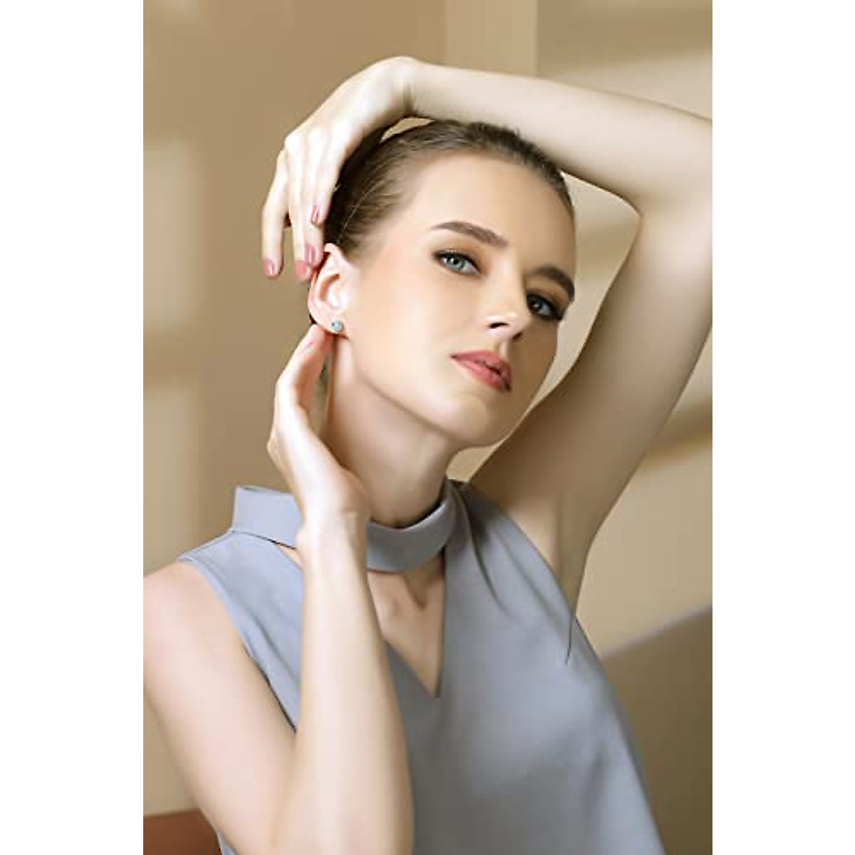 Light Blue Earrings for Women Sterling Silver Studs Genuine Gemstone 5mm Round Blue Topaz Earrings for Bridesmaids Birthday Gift December Birthstone