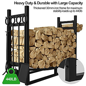 Amagabeli Large Firewood Rack With Fireplace Tools Set 33.5 Inch Wood Rack Wrought Iron Indoor Outdoor Kindling Log Holder Heavy Duty Wide Wood Storage Log Rack Accessories Shovel Poker Tongs Broom