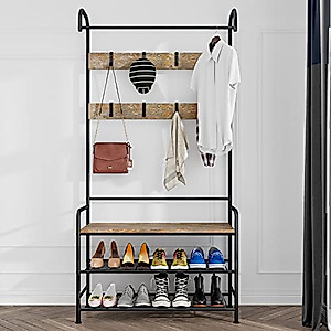 SUOERNUO Coat Rack Shoe Bench 3-in-1 Hall Tree Storage Shelf Organizer for Entryway Heavy Duty MDF Stand Coat Rack Industrial Accent Furniture with Stable Metal Frame (Rustic Brown + Black)