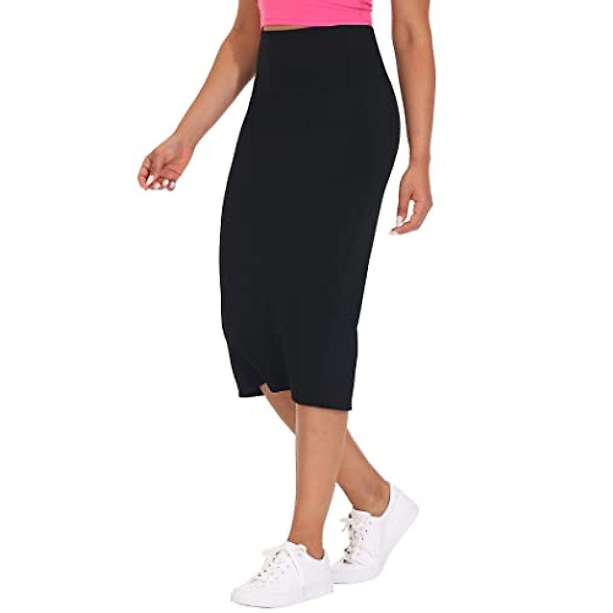 THE GYM PEOPLE Women's High Waist Tummy Control Pencil Skirts Stretchy Bodycon Midi Skirt Below Knee with Back Slit Black