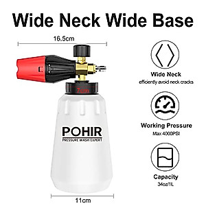 POHIR Foam Cannon for Pressure Washer, Wide Neck Snow Foam Lance with 1/4” Quick Connect, Wide Base Heavy Duty Car Wash Foam Blaster, Adjustable 1L Foam Sprayer Power Washer Accessories
