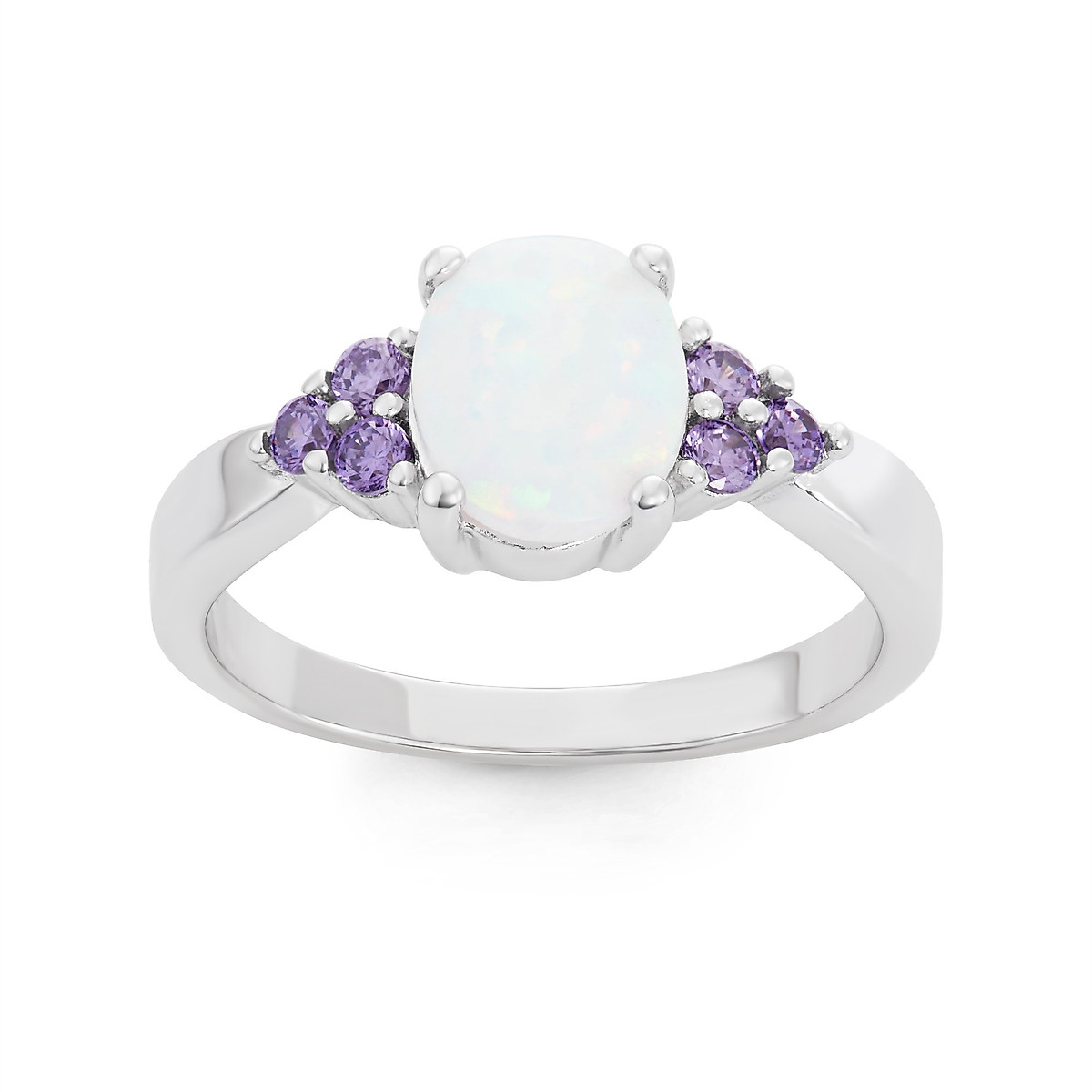 Sterling Silver Oval Created White Opal & Amethyst CZ Ring (Size 8)