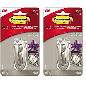 Command Medium Traditional Plastic Hook, Brushed Nickel, 1-Hook, 2-Strips, Decorate Damage-Free (Pack of 2)