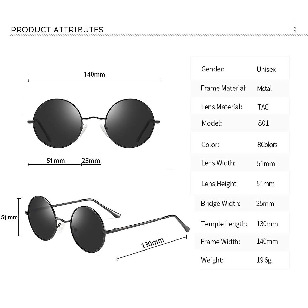 Dollger Round Polarized Sunglasses for Men Women Retro Metal Frame Black Small Circle Hippie Sunglasses