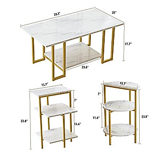 AWQM Faux Marble Coffee Table Set, Coffee Table &2 Side Table, Metal Frame, 3 Piece Living Room Table Sets Perfect for Living Room Apartment, White & Gold