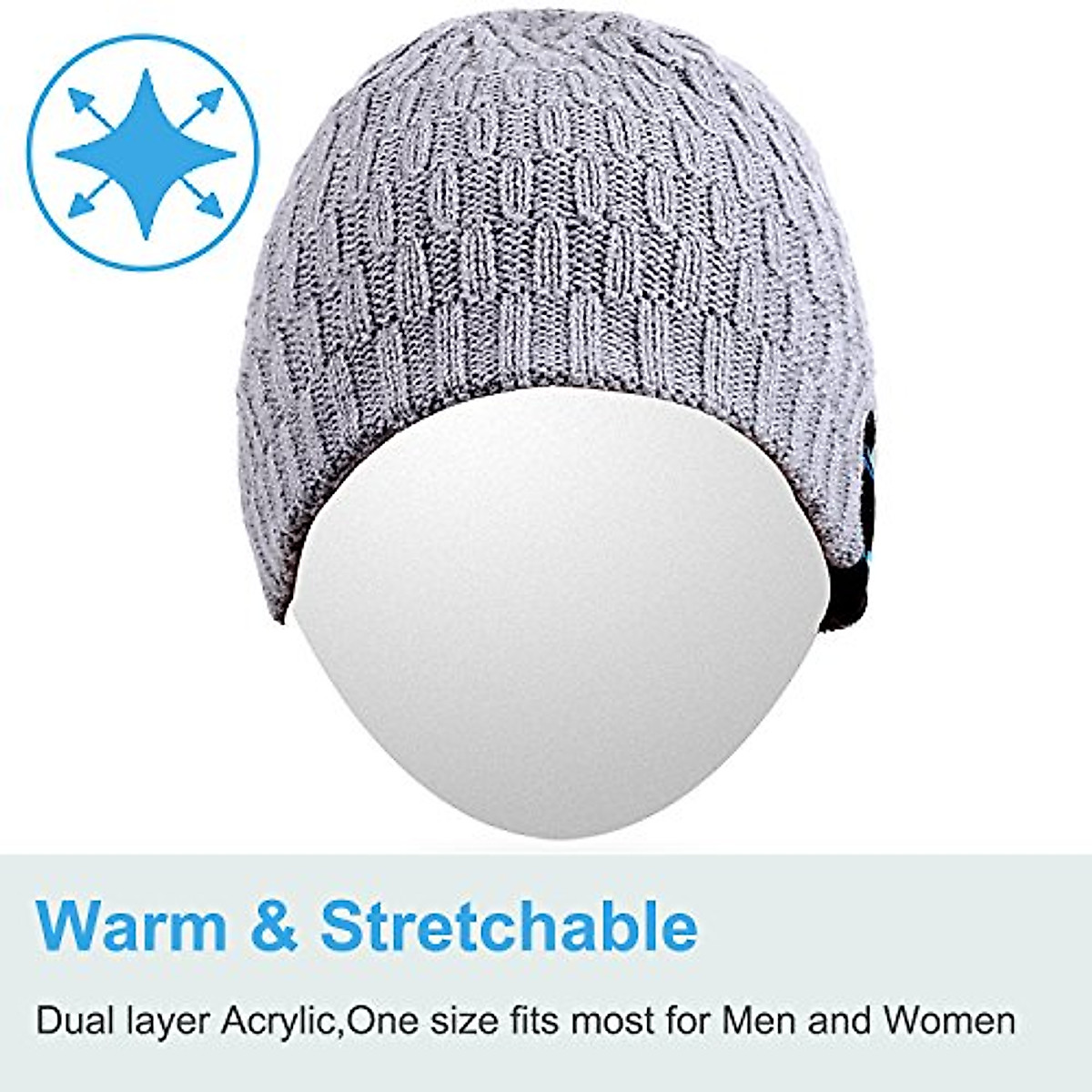 Rotibox Bluetooth Beanie Hat, Winter Knit Cap with Wireless Stereo Headphone Headset Earphone Speaker Mic Hands Free for Outdoor Sports Skiing Snowboarding Running Jogging Camping, Gray