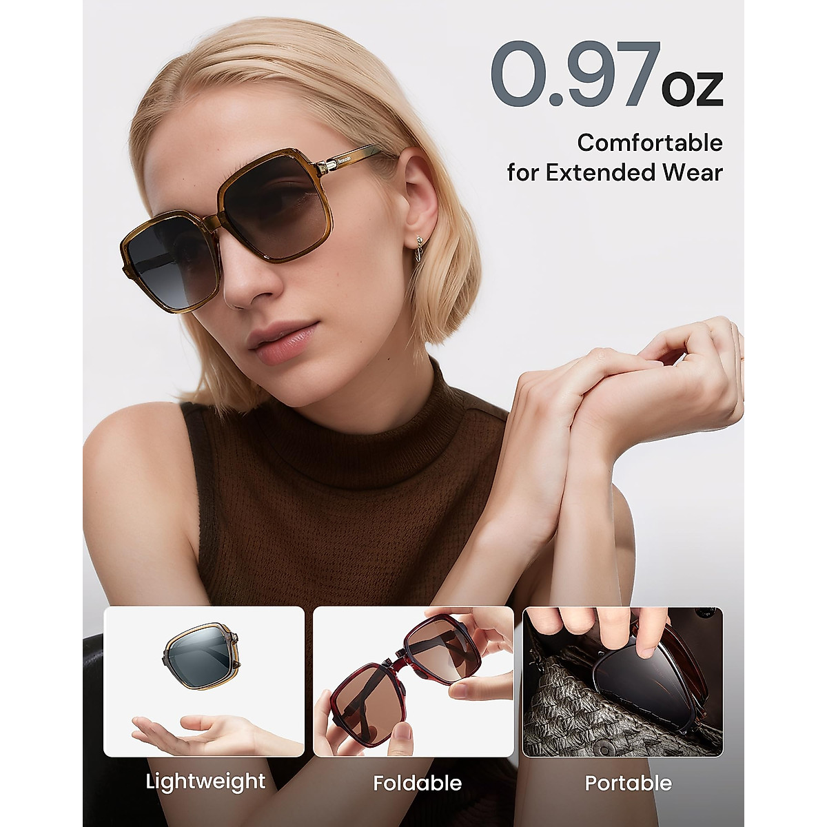 BENEUNDER Trendy Square Polarized Sunglasses, Lightweight Folding Sunglasses for Women Men, UV Protection for Fishing Driving Beach, Light Brown