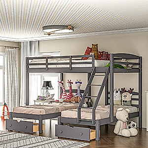 Triple Bunk Bed Full Over 2 Twin Bunk Bed with 3 Drawers and Guardrails, Bunk Bed for Family, Teens, No Box Spring Needed