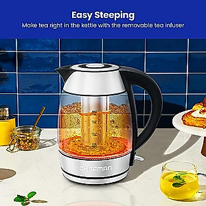 Chefman Glass Electric Kettle for Boiling Water, 1.8L 1500W, with Tea Infuser, Keep Warm Function, Auto Shut Off, Boil-Dry Protection, BPA Free, Hot Water Boiler, Electric Tea Kettle - Stainless Steel