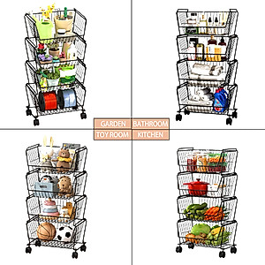 PUSDON 4-Tier Stackable Metal Storage Baskets, Anti-Rust Fruit Vegetable Rack, Dual Use Shelf for Kitchen, Home & Office, Black