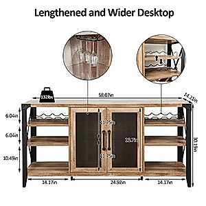 Vabches Wine Bar Cabinet for Liquor and Glasses, Farmhouse Coffee Cabinet, Home Living Room Dining Room, Sideboard Buffet with Storage Kitchen, 58 in(L) (Rustic Oak)