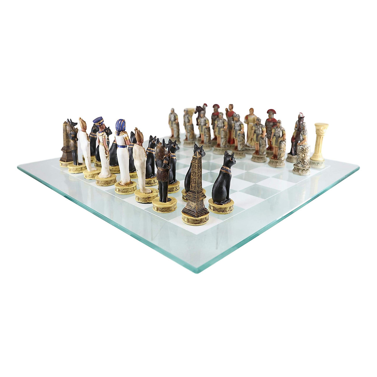 Ebros Gift Historical Themed Chess Set Egyptian Ptolemaic Pharaoh Army VS Augustus Caesar Roman Empire Centurions Resin Sculpted Chess Pieces with Checker Frosted Glass Board Gaming Set