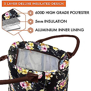 opux Lunch Bag Women, Insulated Lunch Box For Women, Large Womens Lunch Tote Work Office, Cute Soft Cooler Food Meal Prep Organizer, Cute Floral Lunch Purse Picnic Travel Beach, Flower Black