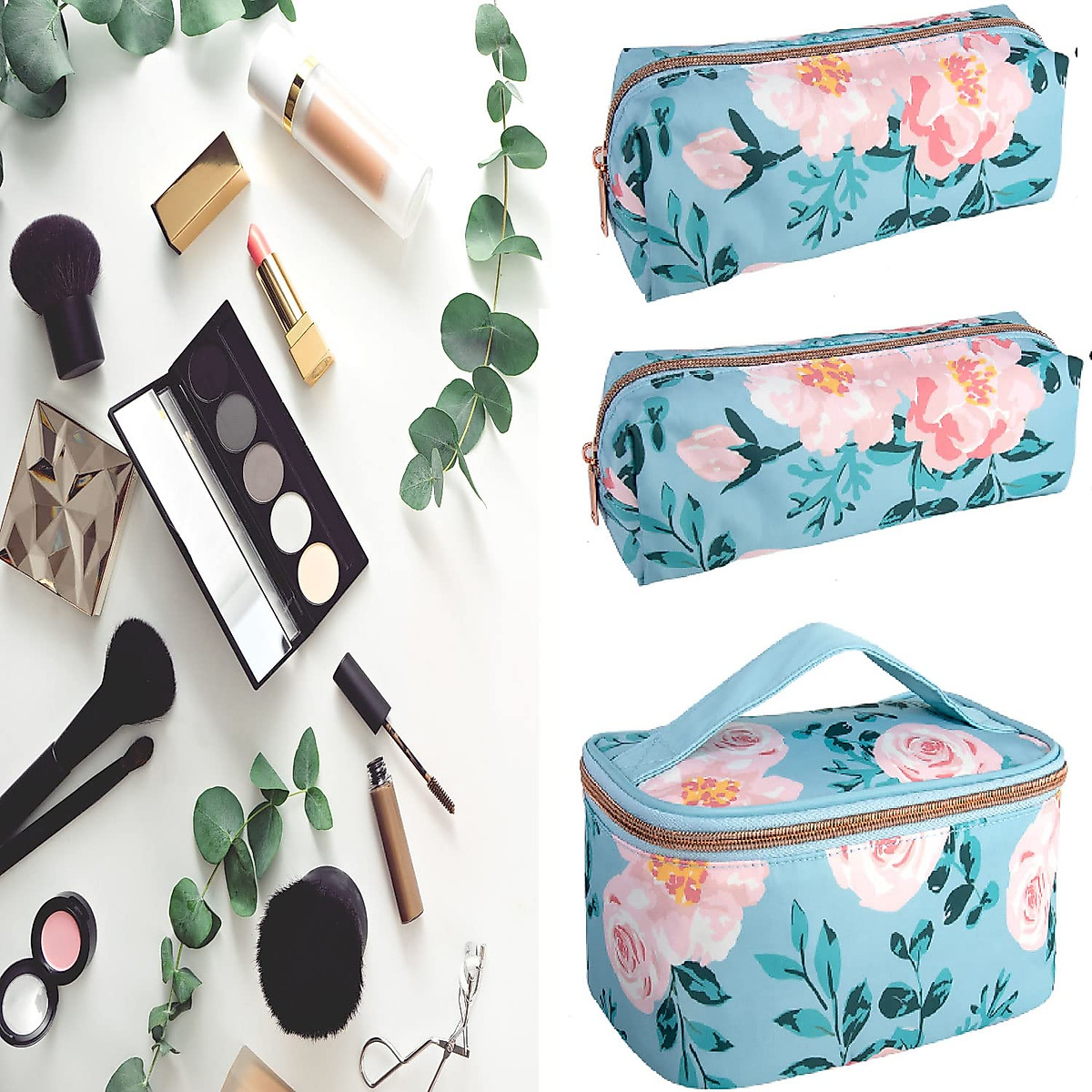 Emma & Chloe 4 Piece Toiletry Bag Set, Waterproof Home, Travel Cosmetic Train Case Makeup Bags for Women with Handle, Zipper – 4 Makeup Bags Set (Floral Florish)