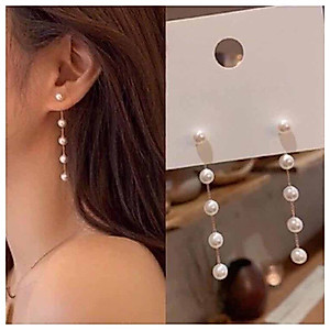 Yheakne Boho Pearl Drop Dangle Earring Gold Long Tassel Pearl Earrings Tiny Pearl Chain Earrings Vintage Earrings Jewelry for Women and Girls (Gold)