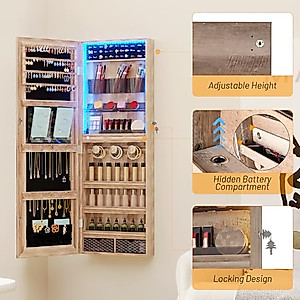 LVSOMT Wall Mount Mirror Jewelry Cabinet with LED Lights, Hanging/Over the Door Jewelry Organizer, Lockable Jewelry Armoire Mirror, Full Length Mirror with Jewelry Storage, Brown