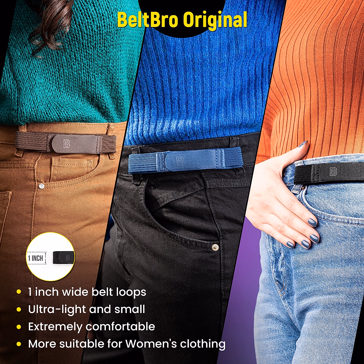 BeltBro Women's Blue 2-Medium No Buckle Elastic Belt — Fits 1 Inch Belt Loops, Comfortable and Easy To Use