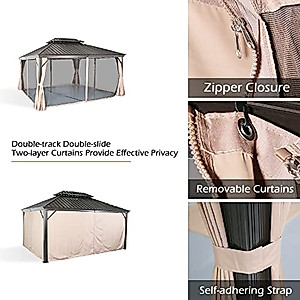 12'x16' Hardtop Gazebo, Outdoor Aluminum Permanent Pavilion Gazebo with Curtains and Netting, Brown Galvanized Steel Metal Double Roof Canopy Gazebo and Aluminum Frame for Patios, Gardens, Lawns