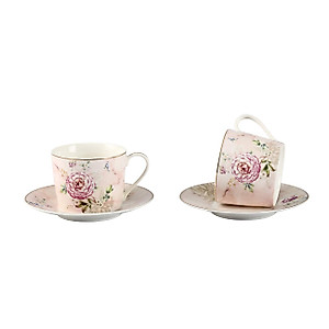 GuangYang Porcelain Tea Cups and Saucers,7 Ounce,Set of 2,Peony Flower Design Coffee Cup with Saucer,220ml Vintage Teacup (Total 4 pieces)