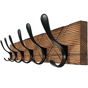 SKOLOO Coat Rack Wall Mount - Antique Wooden Carved- X Cross Coat Hook, Wall Coat Hanger with 6 Hooks for Hanging Coats, Hats, Clothing, Scarfs, Brown & Black