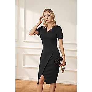Women Pencil Dress Puff Short Sleeve Wrapped Slit V Neck Evening Night Sexy Dress Black L