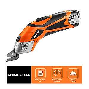 VOLLTEK Electric Cordless Scissor 4V li-ion Cutter Shears with 2 battery & 2 Pcs Cutting Blades Accessory for Cutting Fabric, Carpet and Leather ES3601 Orange