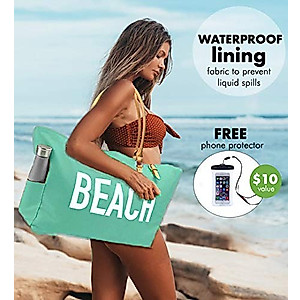 Keho Fashion Beach Bag (Cute Travel Tote), Large and Roomy, Waterproof Lining, Multiple Pockets (Green Canvas)