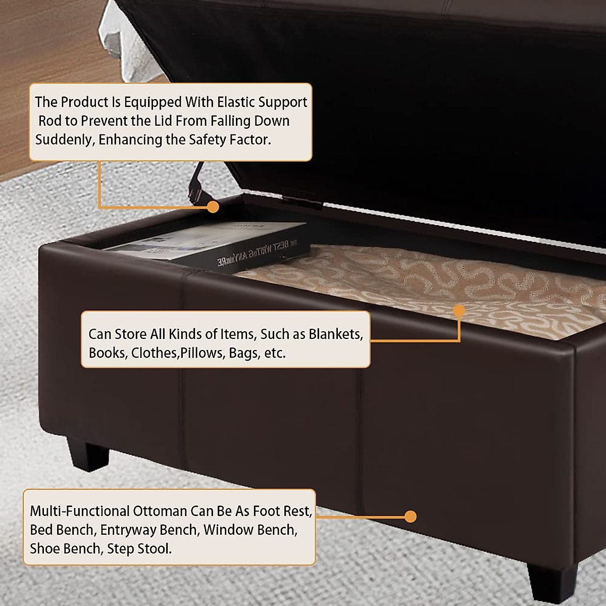 CangLong 36Inch Rectangular Faux Leather Storage Ottoman Bench, Large, Espresso Brown