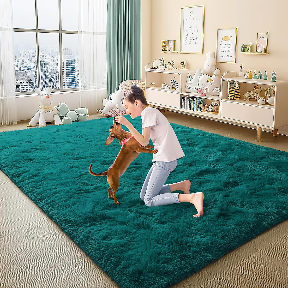 BENRON Living Room Rug 4x6 Area Rug Teal Green Fluffy Rugs for Bedroom Fuzzy Rugs for Girls Kids Room Shaggy Nursery Rug Memory Foam Rug Anti-Slip Carpets