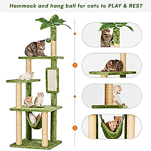 TSCOMON 55" Cat Tree for Indoor Cats with Green Leaves, Multi-Level Large Cat Tower for Indoor Cats with Hammock, Plush Cat House with Hang Ball Toy and Cat Sisal Scratching Posts Cat Furniture, Green