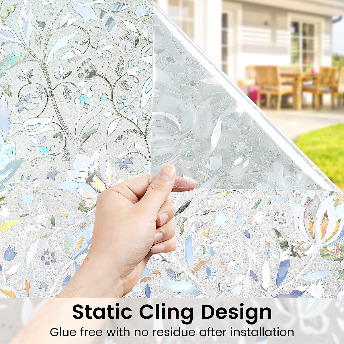 DOWELL Window Privacy Film, 3D Stained Glass Rainbow Window Decals, Decorative Window Vinyl Sun Blocker Door Covering, Static Cling Non-Adhesive Window Sticker for Home, Blooming Flowers, 17.5"x78.7"