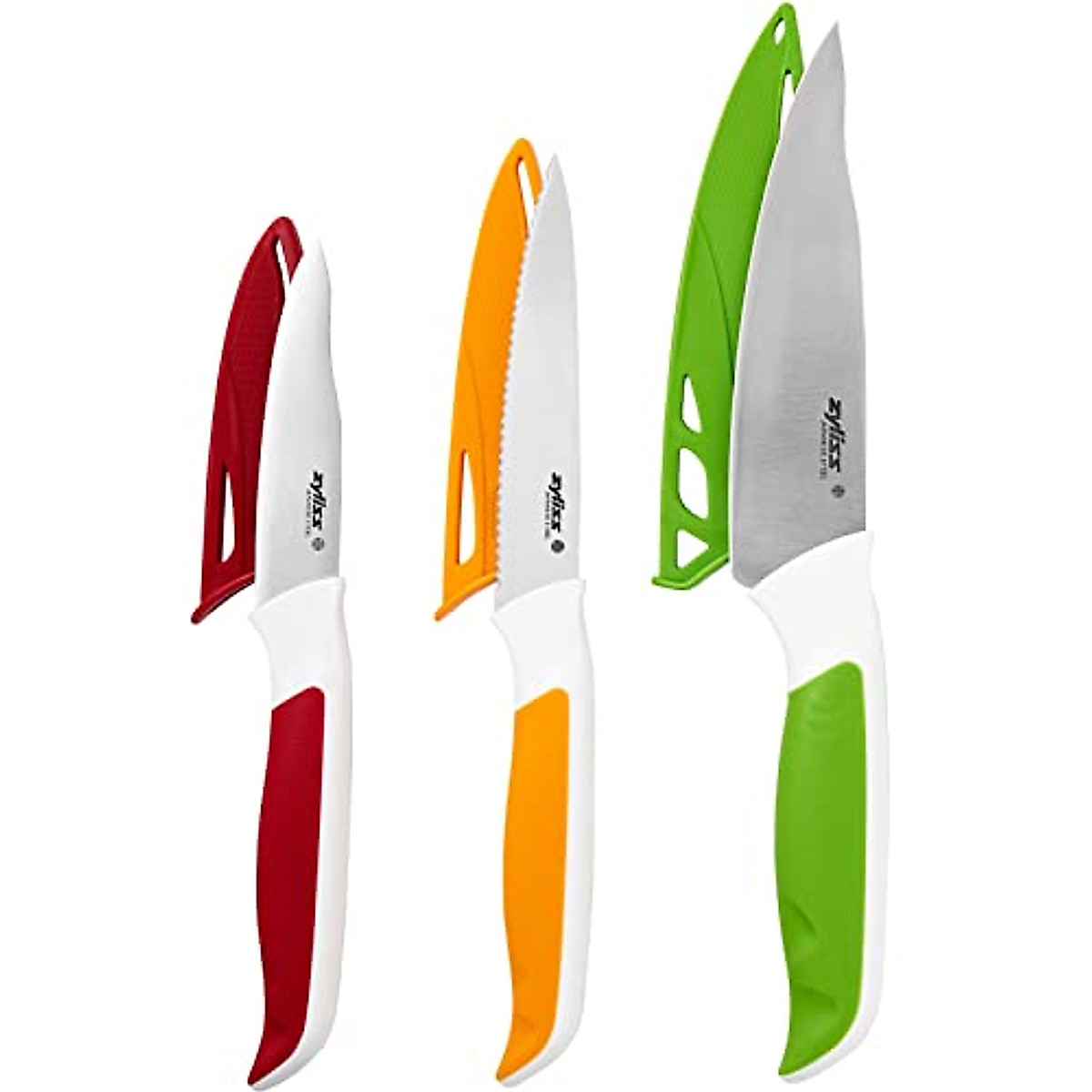 Zyliss E920240 Comfort 3 Piece Knife Set, Multiple Sizes, Japanese Stainless Steel, Multicolour, 3 x Kitchen Knives with Protection Covers, Dishwasher Safe