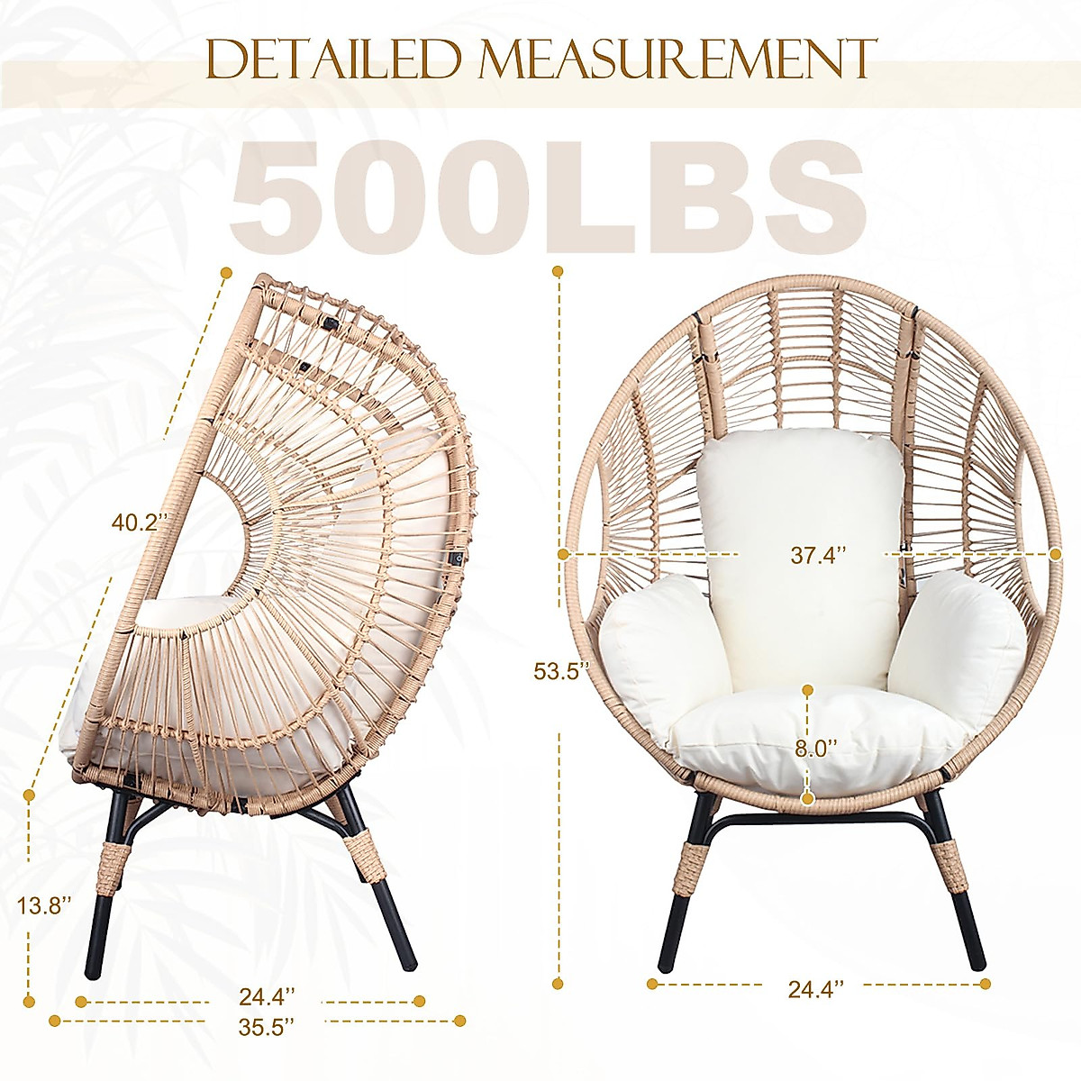 Brafab Stationary Egg Stand, Oversized Large Wicker Lounger with 8" Thick Cushion and 500 lbs Capacity, Heavy Duty Steel Frame, Rattan Basket Chair for Outdoor Patio Backyard (Natural), Cross Weave