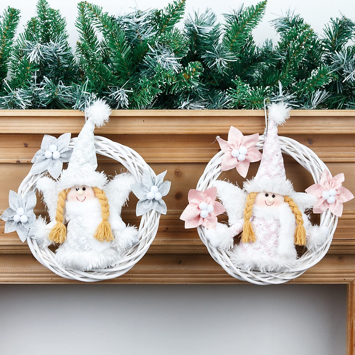 QAZIUY Christmas Wood Hanging Ornaments Ornaments for Crafts White Angel Wreath Rattan Ring Door Hanging Christmas Tree Pendant Christmas Decoration Arrangement Props Gift for Xmas Tree Holiday Party