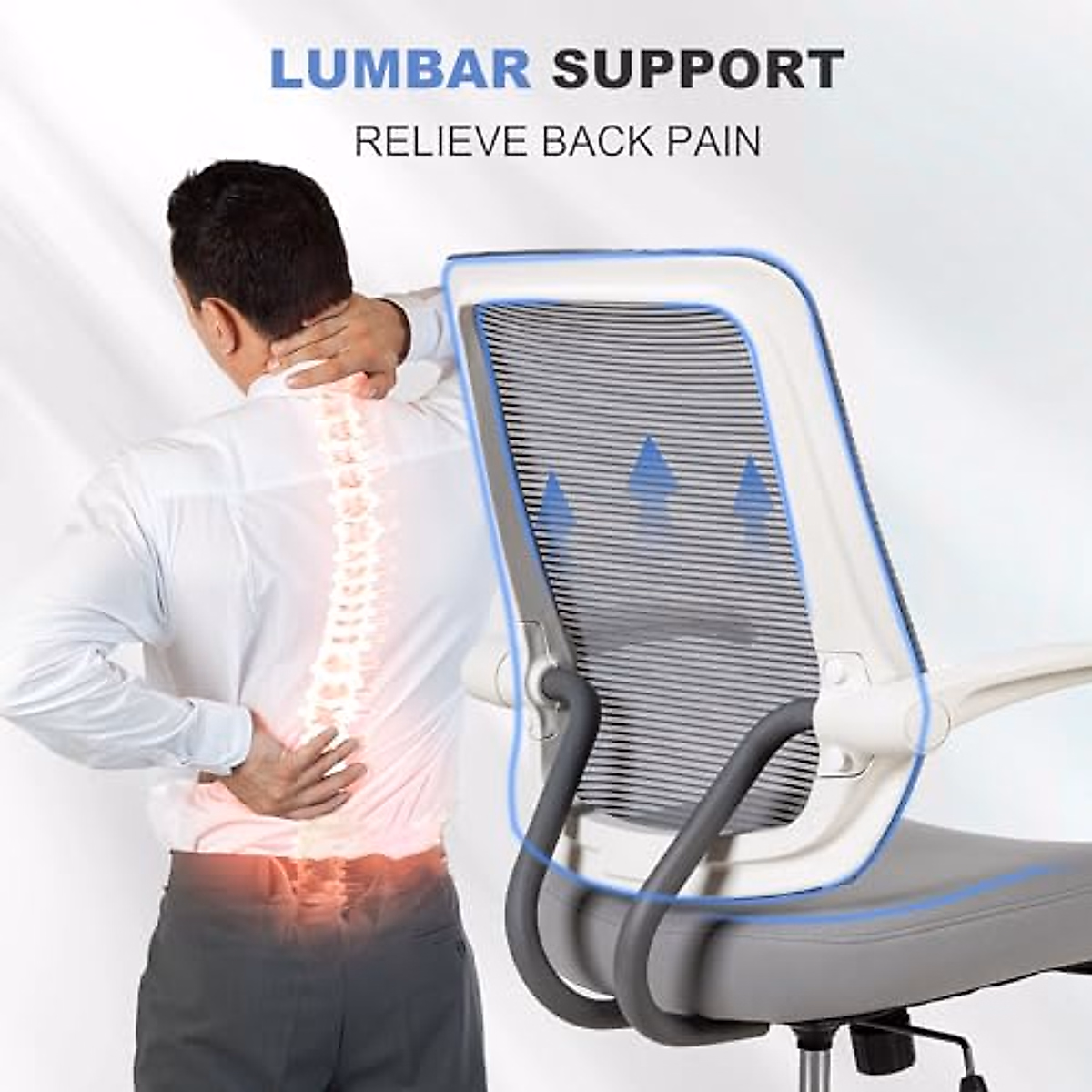 Home Office Desk Chair with Flip Up Armrest, Lumbar Support, Soft Sponge Seat, Breathable Mesh Mid Back Computer Chair, Swivel Task Chair, 300LBS Weight Capacity, Grey