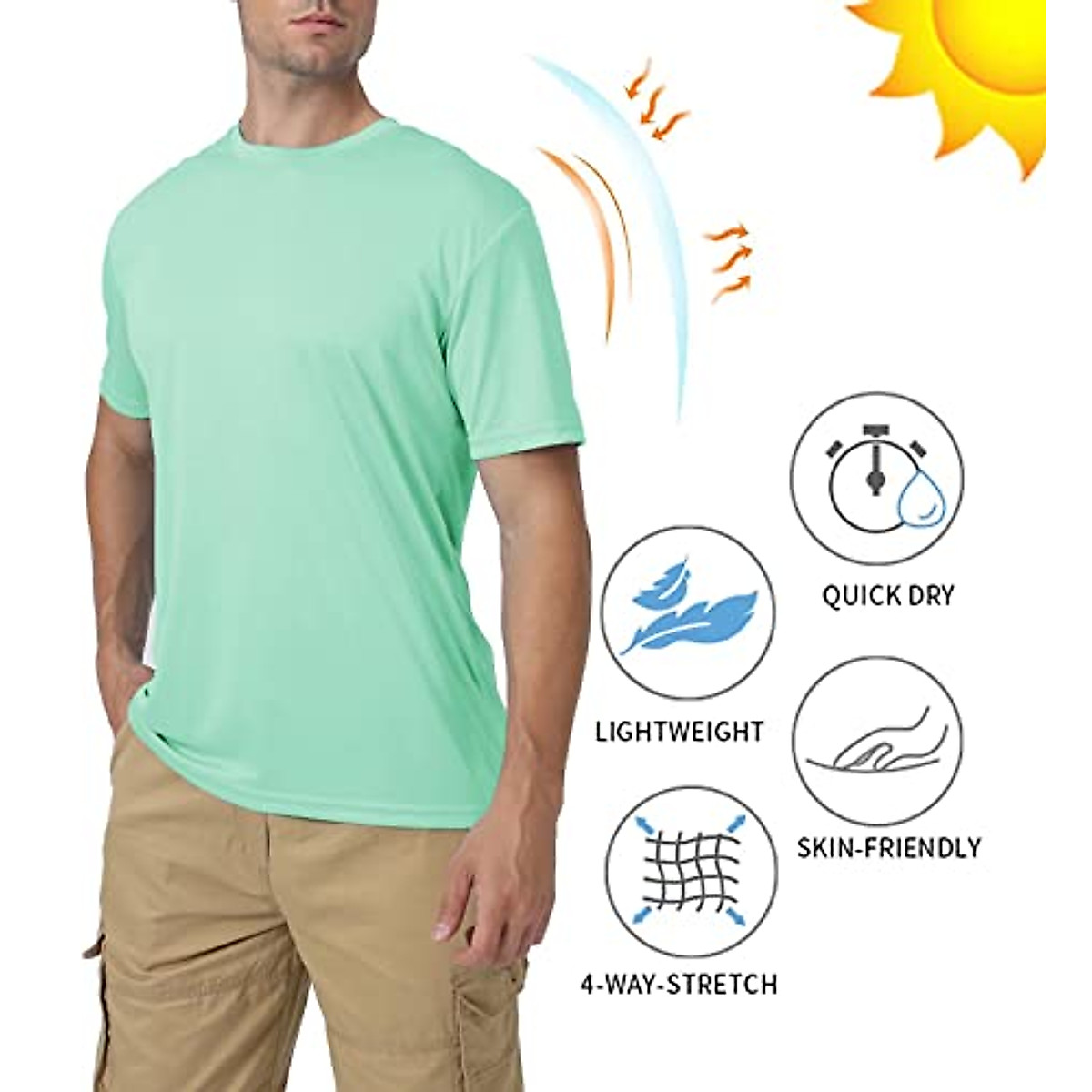 BIYLACLESEN Shirts for Men Sun Protection Shirts Short Sleeve UV Protection Shirts Dry Fit Athletic T-Shirts Quick Dry Lightweight Hiking Shirts Mint Green