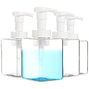 Youngever 4 Pack Clear Plastic Square Pump Bottles, Refillable Plastic Pump Bottles with Travel Lock (12 Ounce)